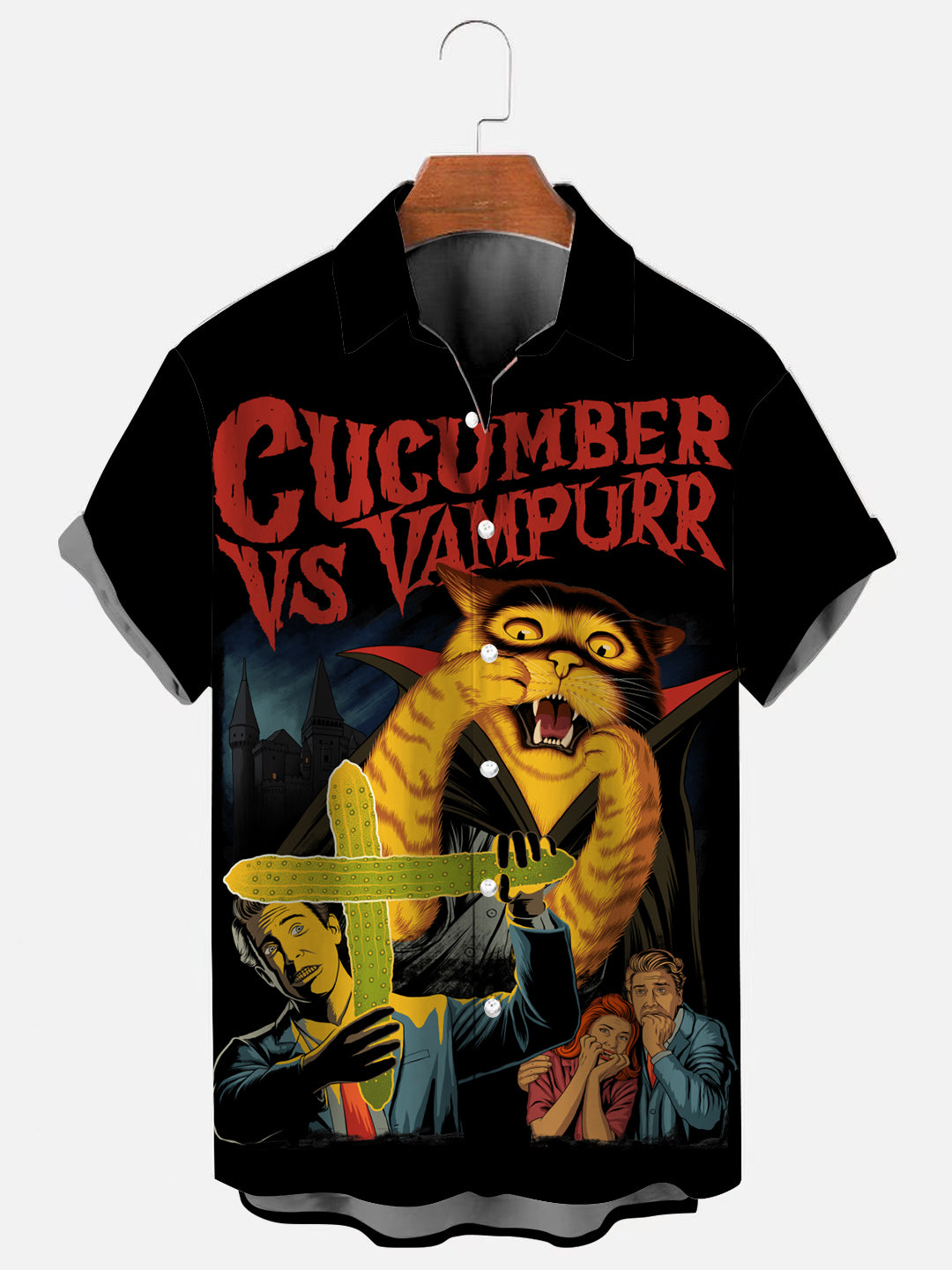 Men's Cucumber and Vampire Cat Fun Print Holiday Casual Short Sleeve S ...