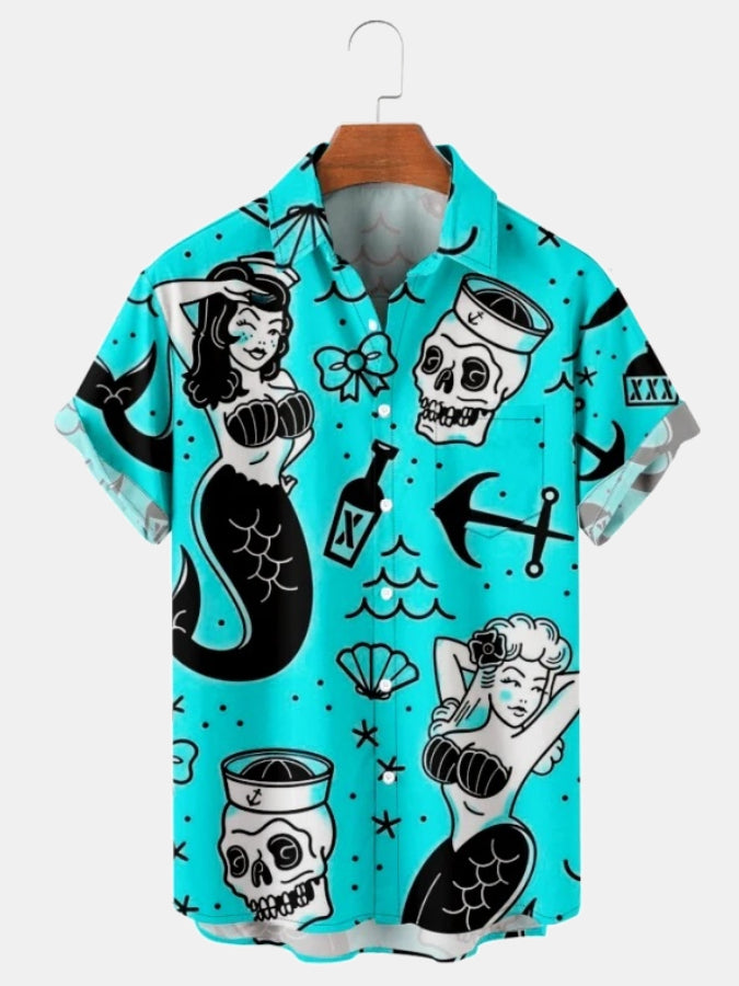 Men's Mermaid Skull Print Hawaiian Casual Short Sleeve Shirt – Hallyy