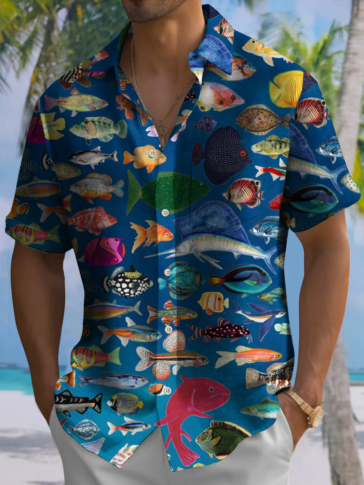 Men's Ocean Fish Print Hawaiian Short Sleeve Shirt – Hallyy