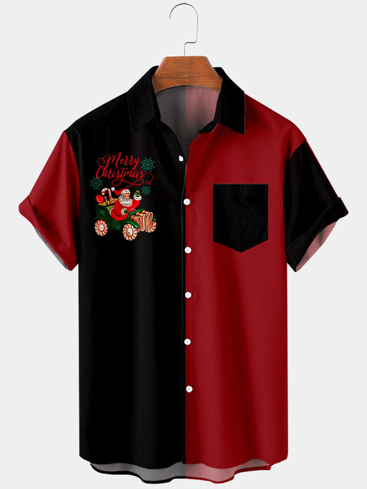 Men Christmas Santa Claus Lapel Contrast Color Collar Short Sleeve Cas ...